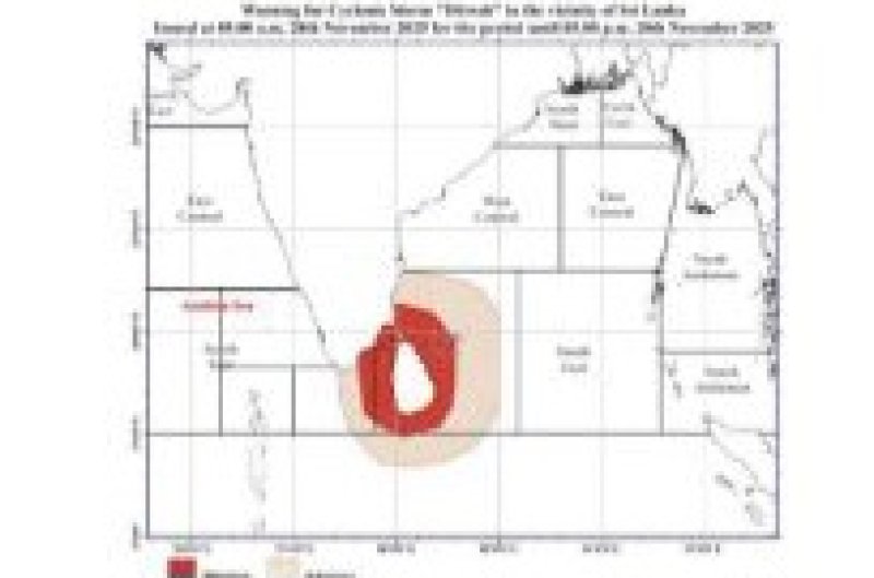 Cyclone “Ditwa” Now Centered 50 km South of Trincomalee